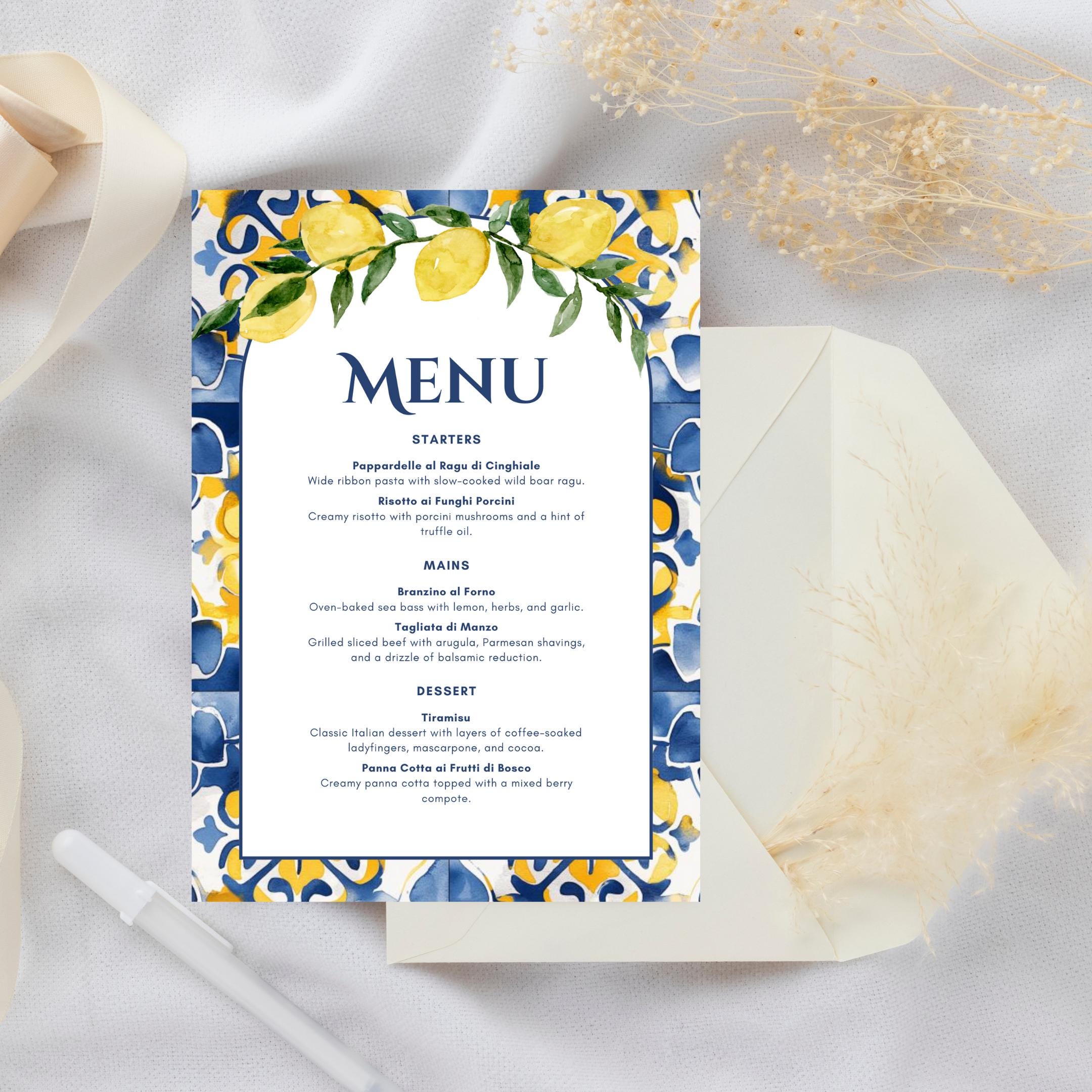 Printable Lemon Menu Template, Editable Mediterranean Wedding Menu ...