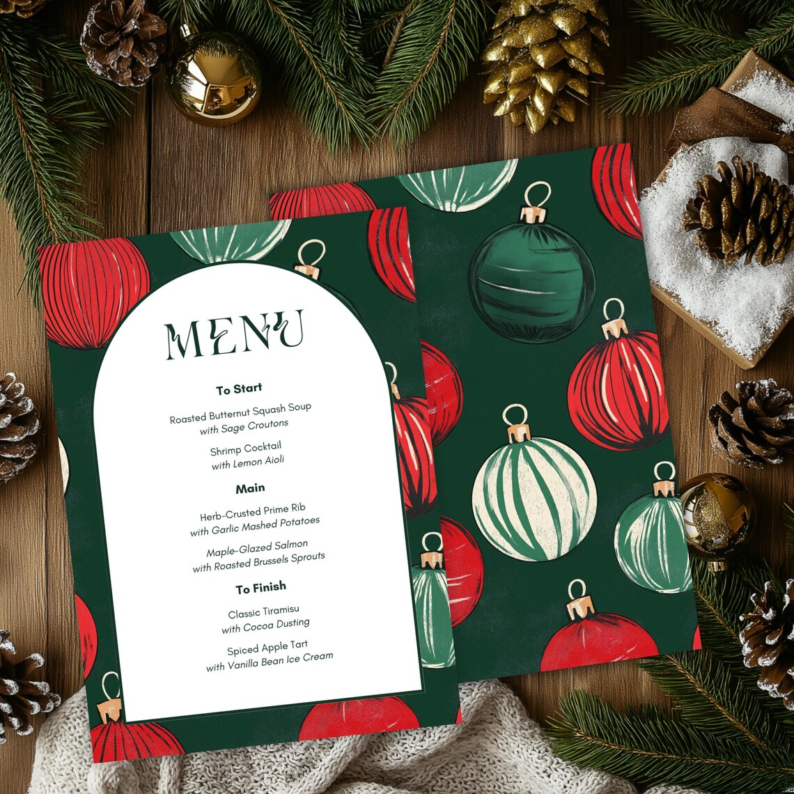 Printable Christmas Menu, Red and Green Baubles, Editable Christmas ...