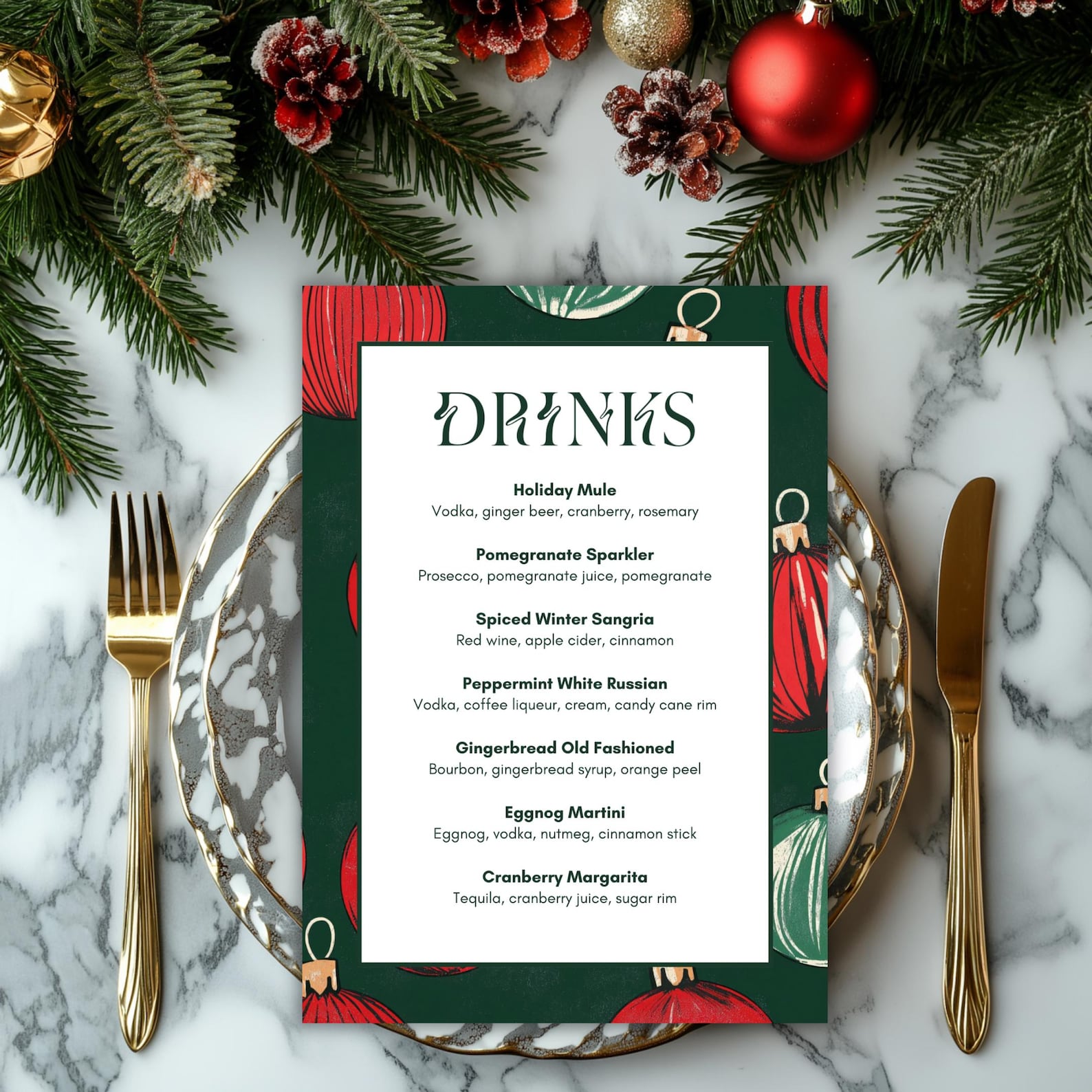 Printable Christmas Drinks Menu, Red and Green Party Decor, Editable ...
