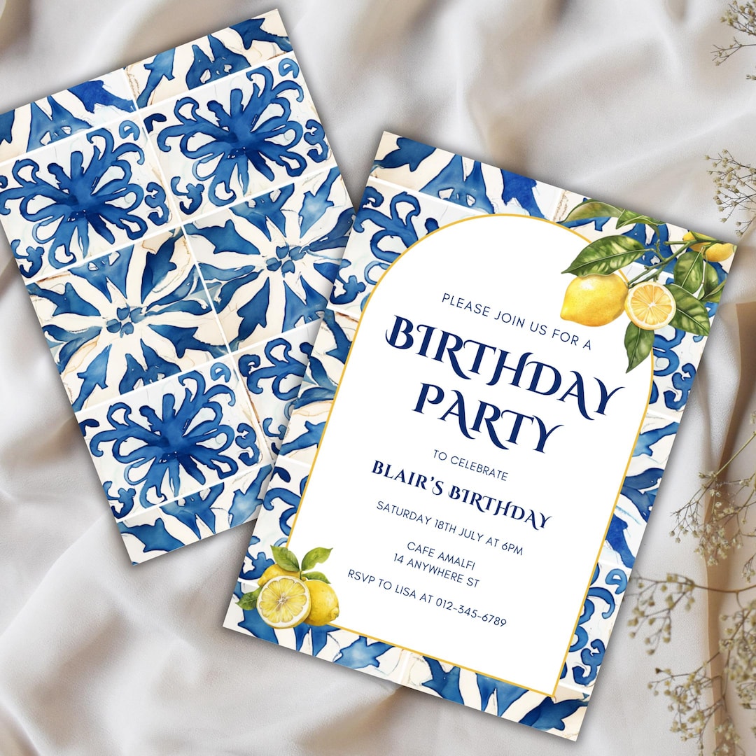 Lemon Invite for Birthday Party, Mediterranean Tile Party Invitation ...