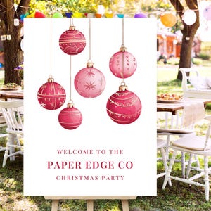Christmas Party Welcome Sign, Pink Baubles Christmas Welcome Poster ...
