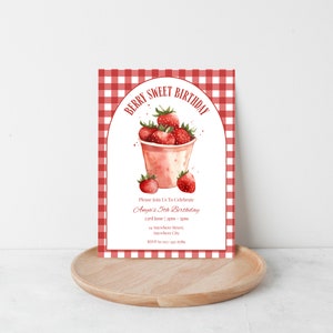 Strawberry Gingham Birthday Party Invitation, Printable Strawberry ...