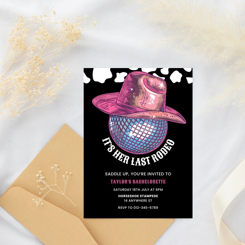 Cowgirl Disco Bachelorette Invite, Editable Last Rodeo Invitation ...
