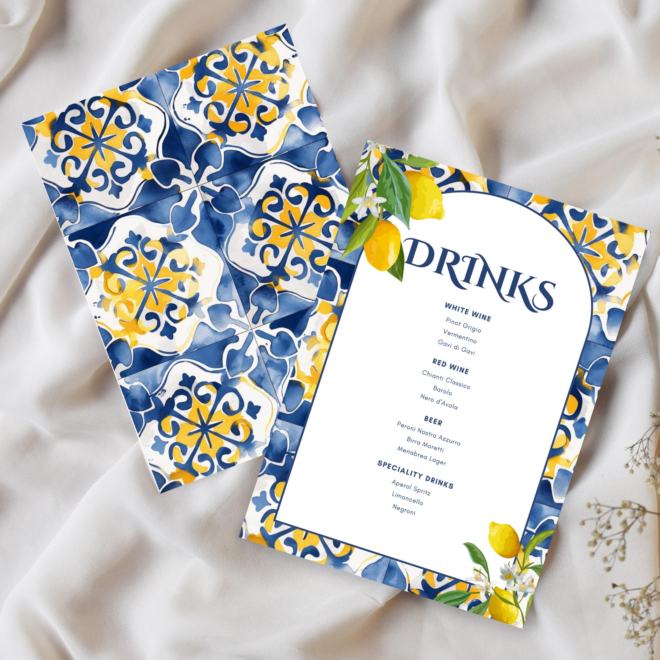 Printable Lemon Drinks Menu, Editable Lemon Bar Menu, Mediterranean ...