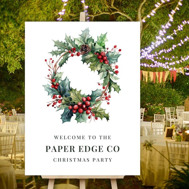Printable Christmas Welcome Sign, Simple Holly Wreath Sign for ...