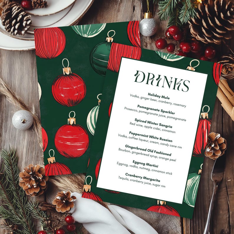 Printable Christmas Drinks Menu, Red and Green Party Decor, Editable ...
