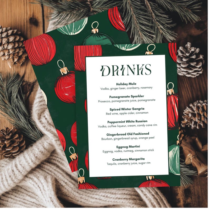 Printable Christmas Drinks Menu, Red and Green Party Decor, Editable ...