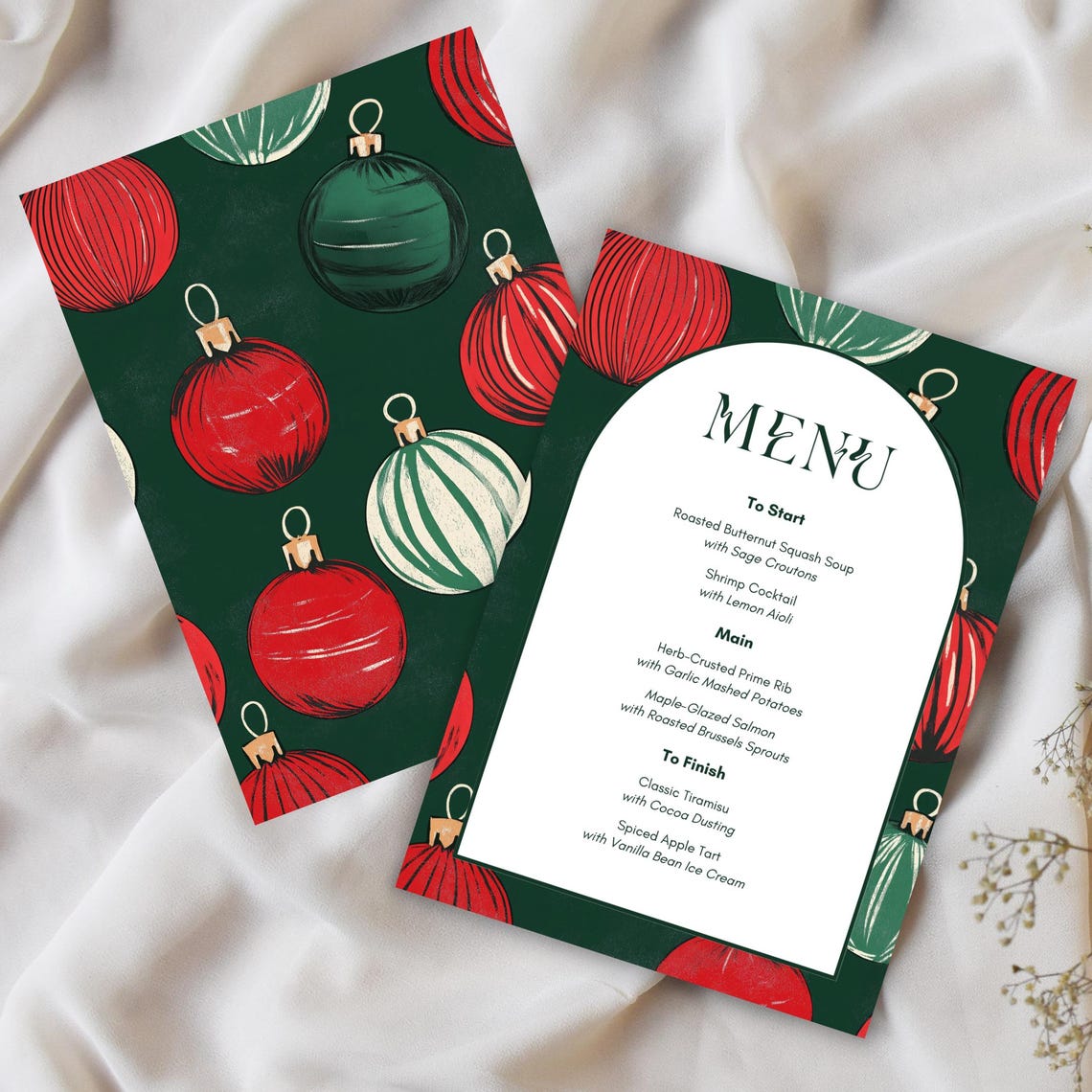 Printable Christmas Menu, Red and Green Baubles, Editable Christmas ...