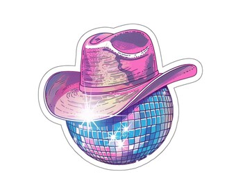 Pink Cowboy Hat Disco Ball Sticker, Cowboy Mirror Ball Sticker, Disco Ball Sticker, Cowboy Eras ...