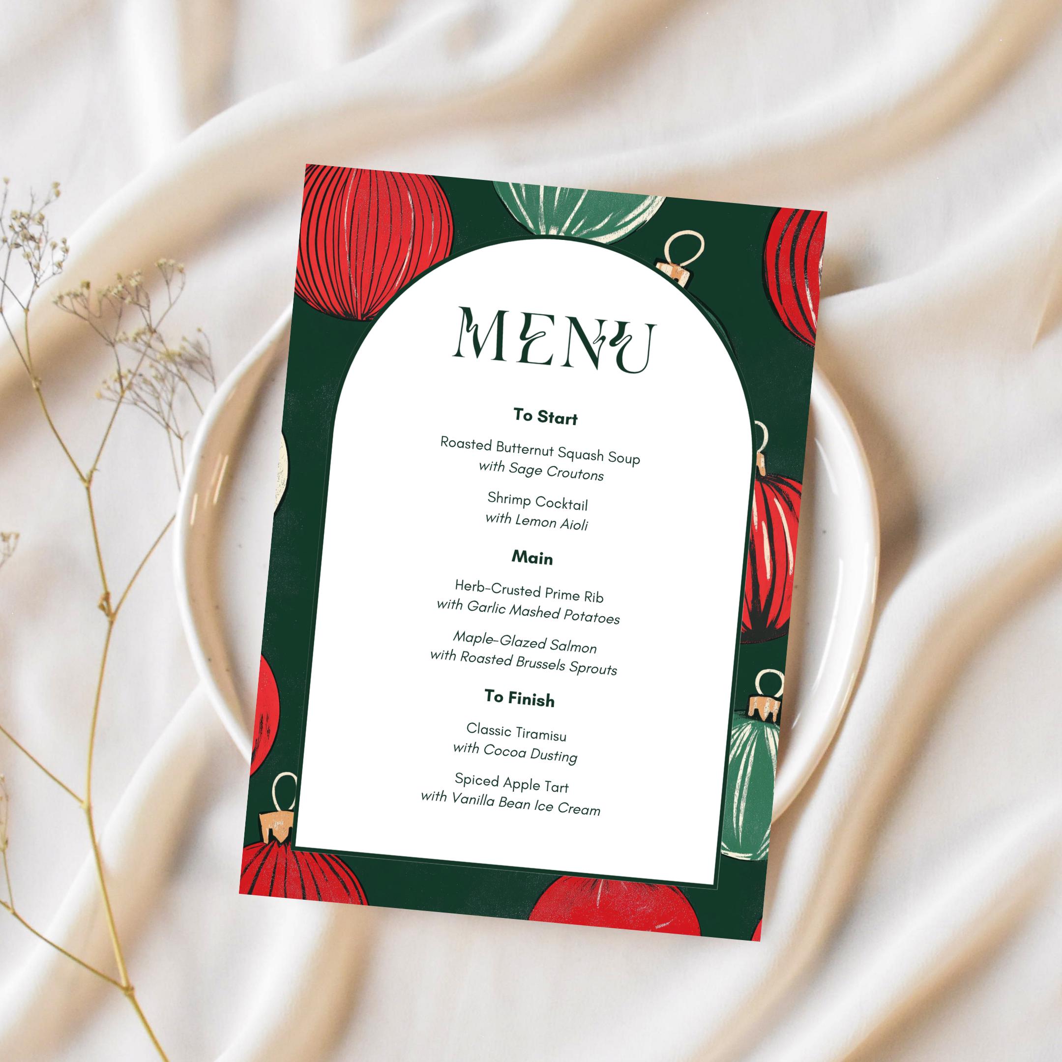 Printable Christmas Menu, Red and Green Baubles, Editable Christmas ...