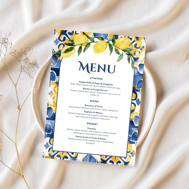 Printable Lemon Menu Template, Editable Mediterranean Wedding Menu ...