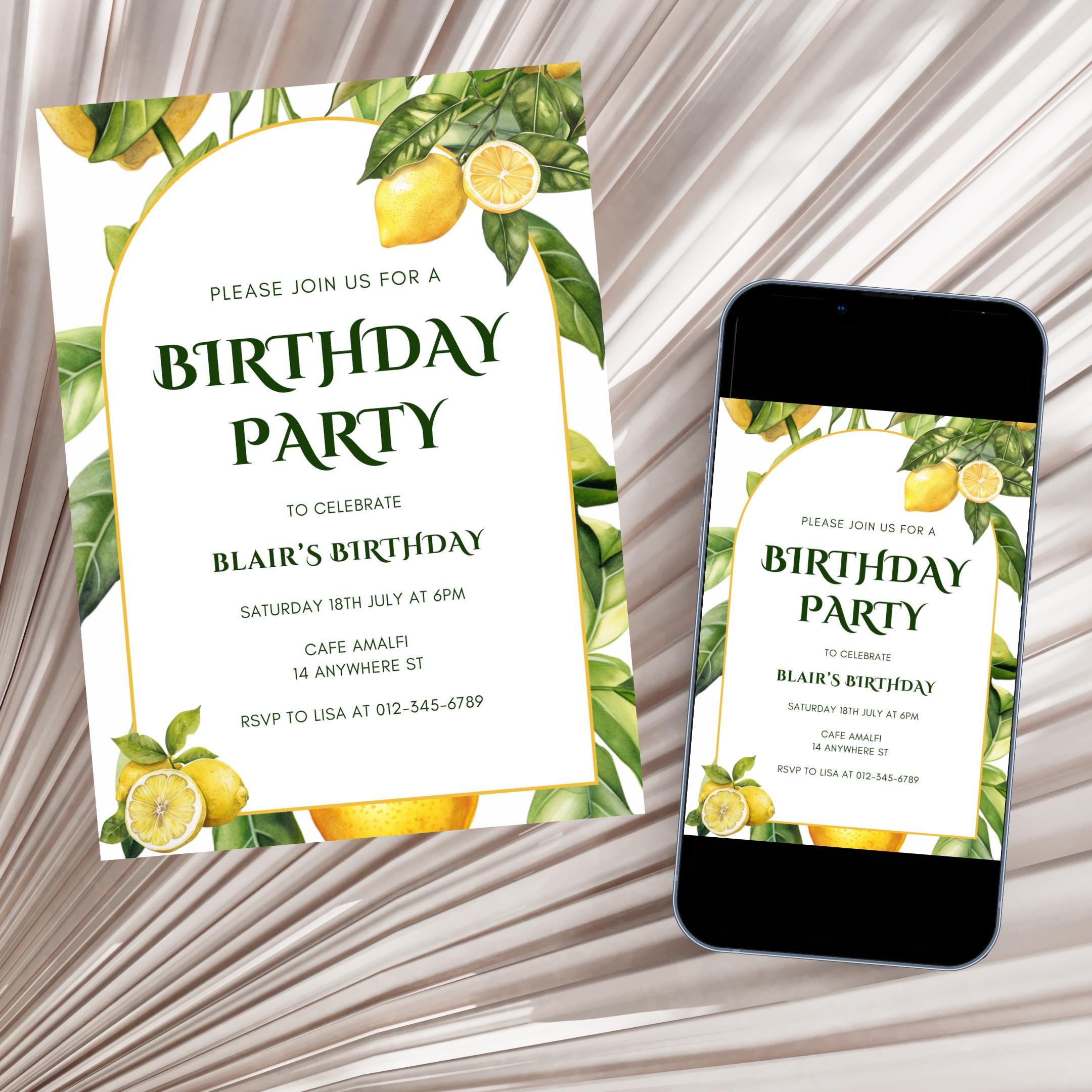 Lemon Invitation, Lemon Birthday Party Invitation, Printable Lemon ...