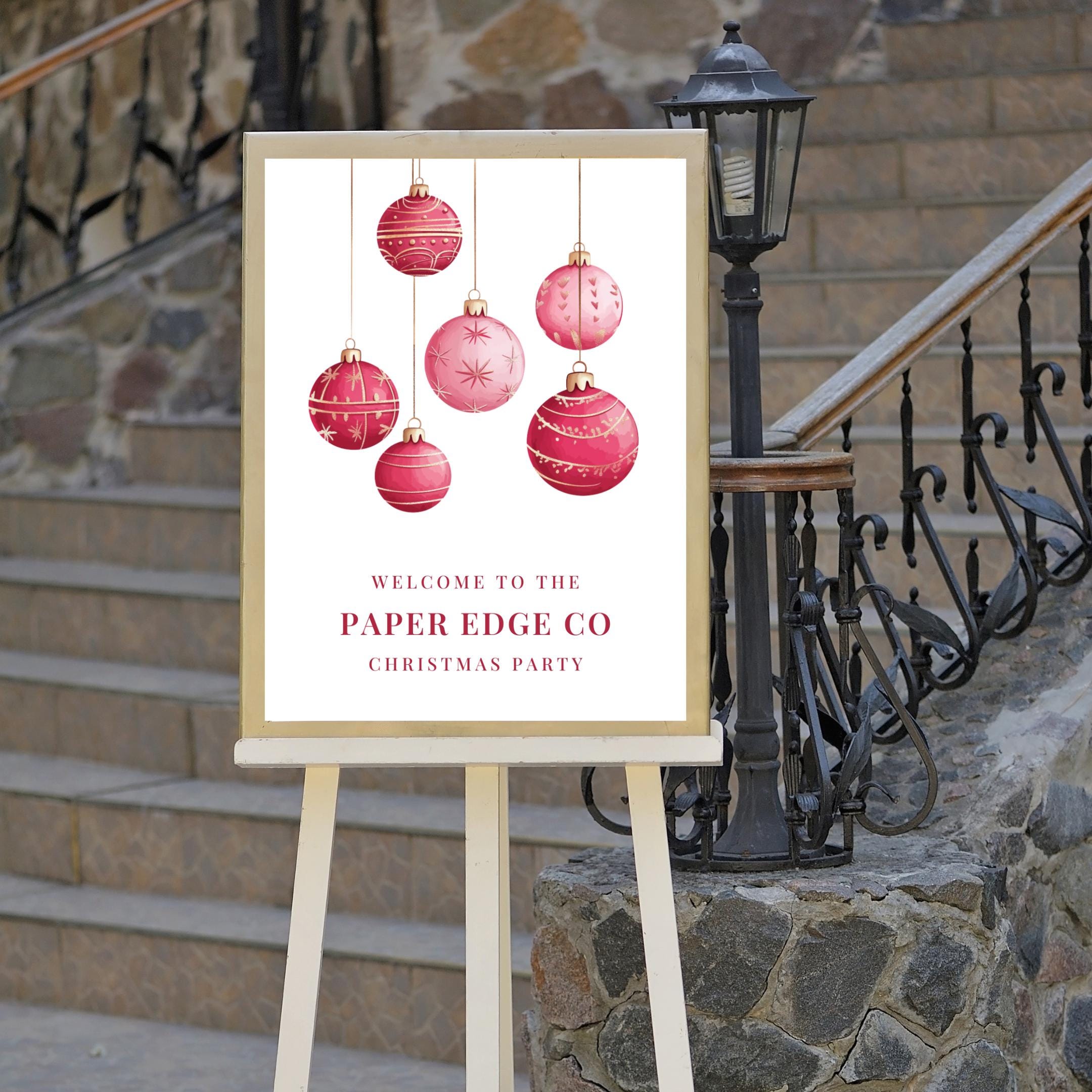Christmas Party Welcome Sign, Pink Baubles Christmas Welcome Poster ...