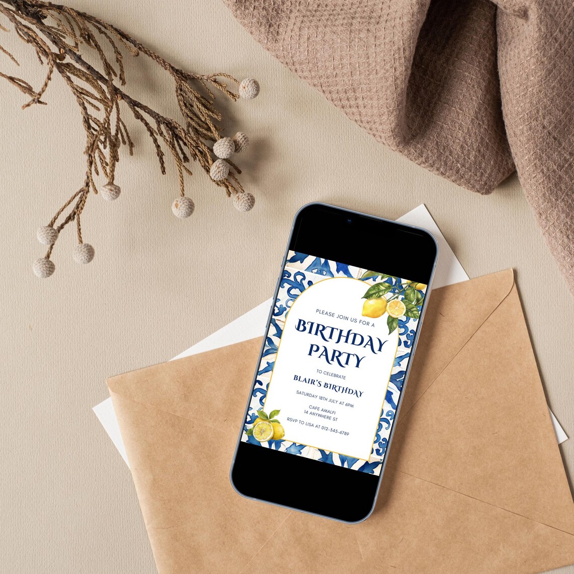 Lemon Invite for Birthday Party, Mediterranean Tile Party Invitation ...