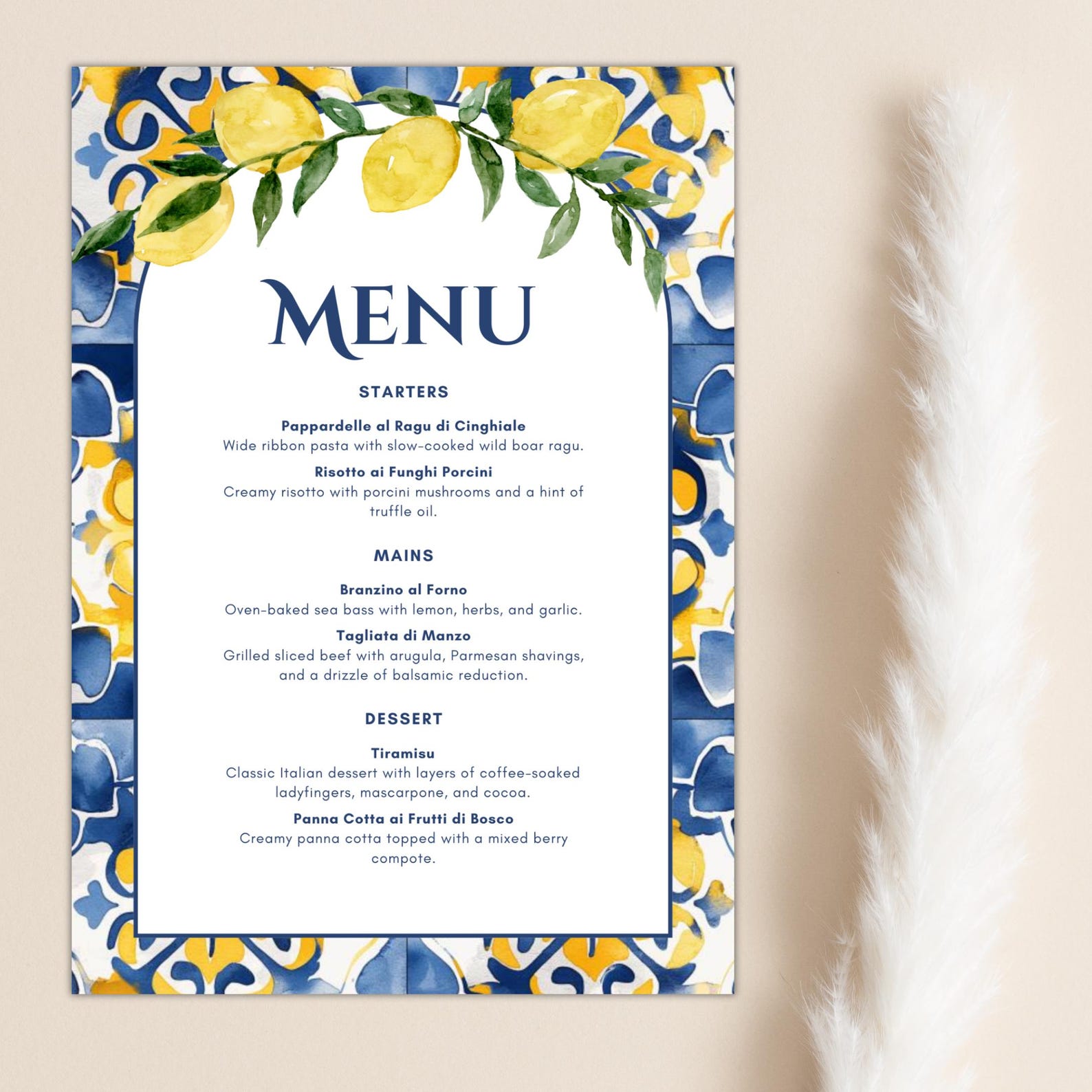 Printable Lemon Menu Template, Editable Mediterranean Wedding Menu ...