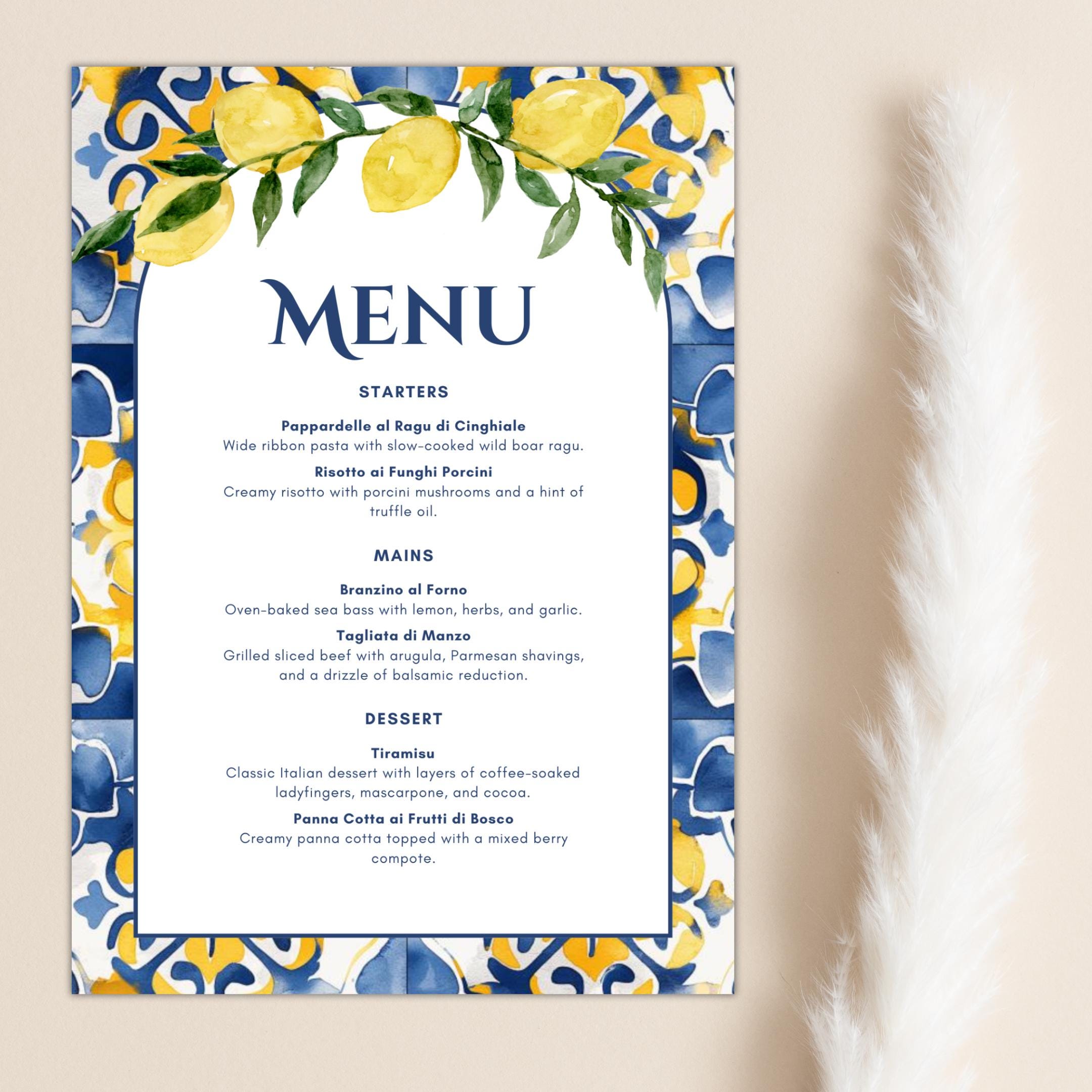 Printable Lemon Menu Template, Editable Mediterranean Wedding Menu ...
