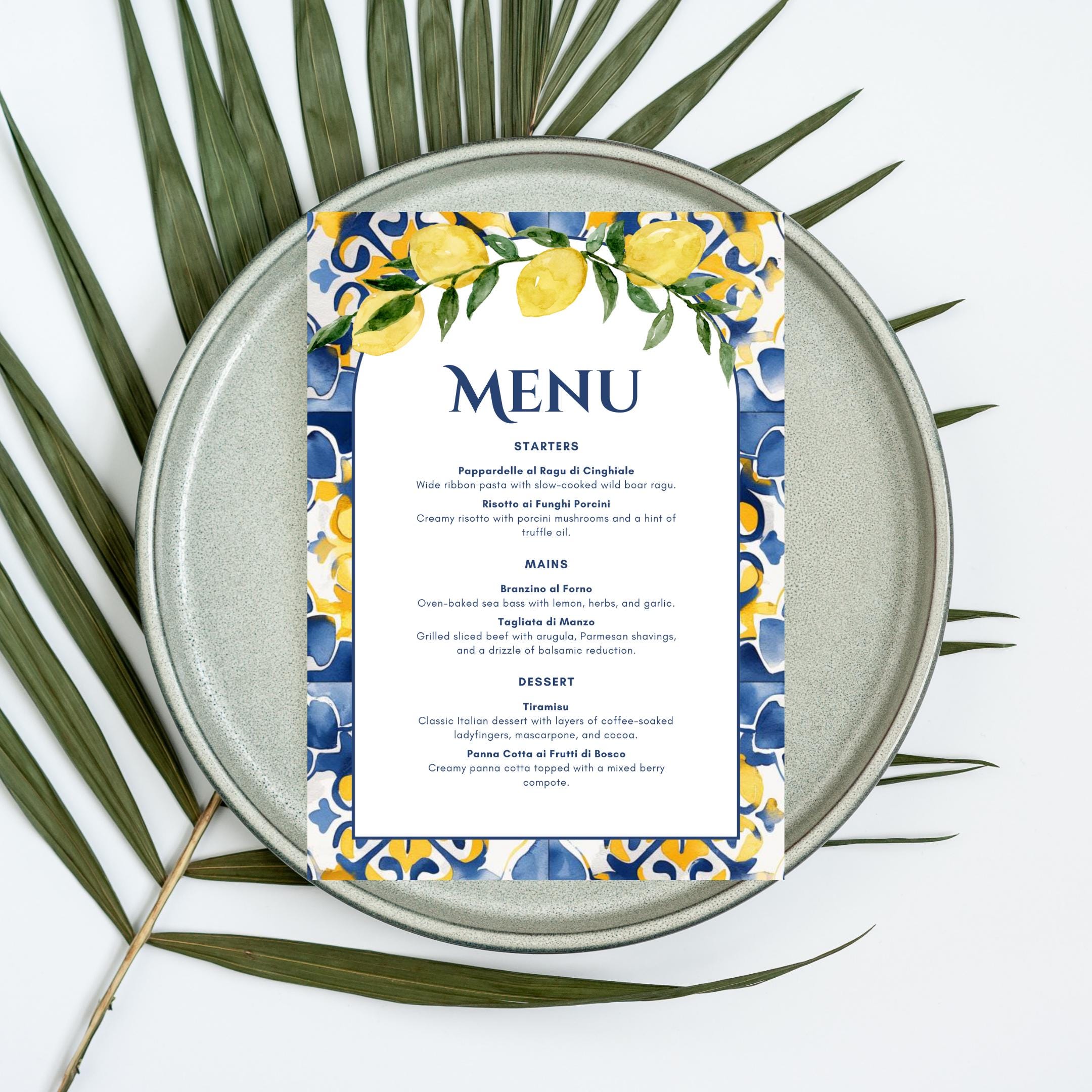 Printable Lemon Menu Template, Editable Mediterranean Wedding Menu ...
