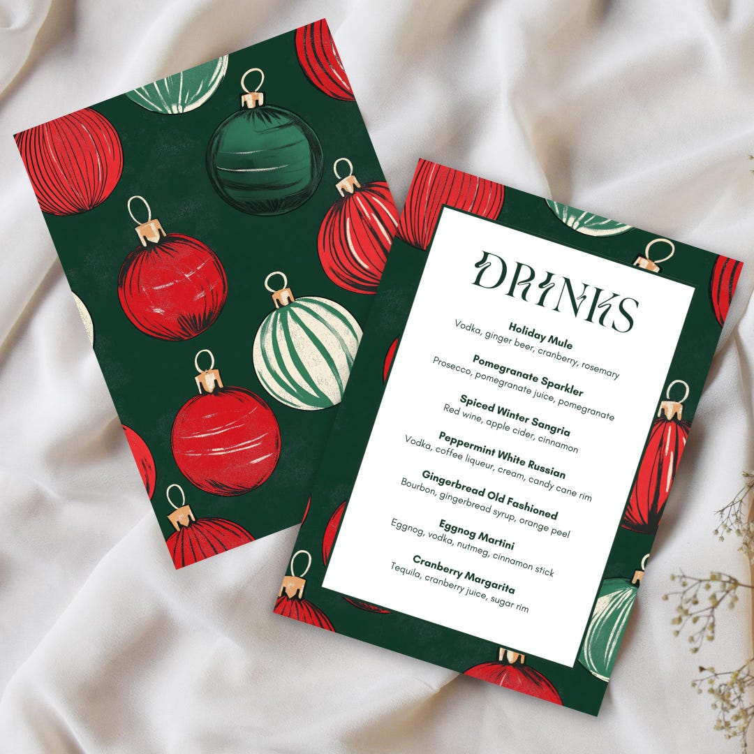 Printable Christmas Drinks Menu, Red and Green Party Decor, Editable ...