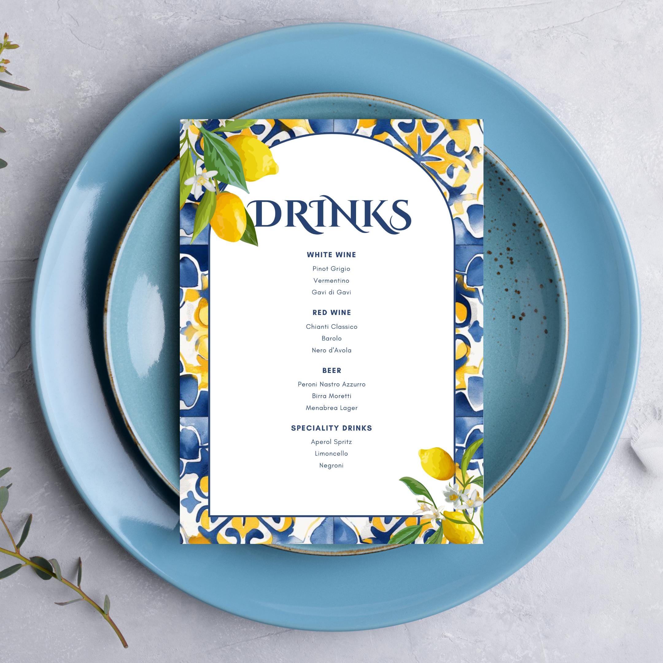 Printable Lemon Drinks Menu, Editable Lemon Bar Menu, Mediterranean ...