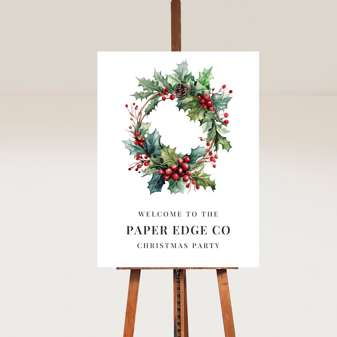 Printable Christmas Welcome Sign, Simple Holly Wreath Sign for ...