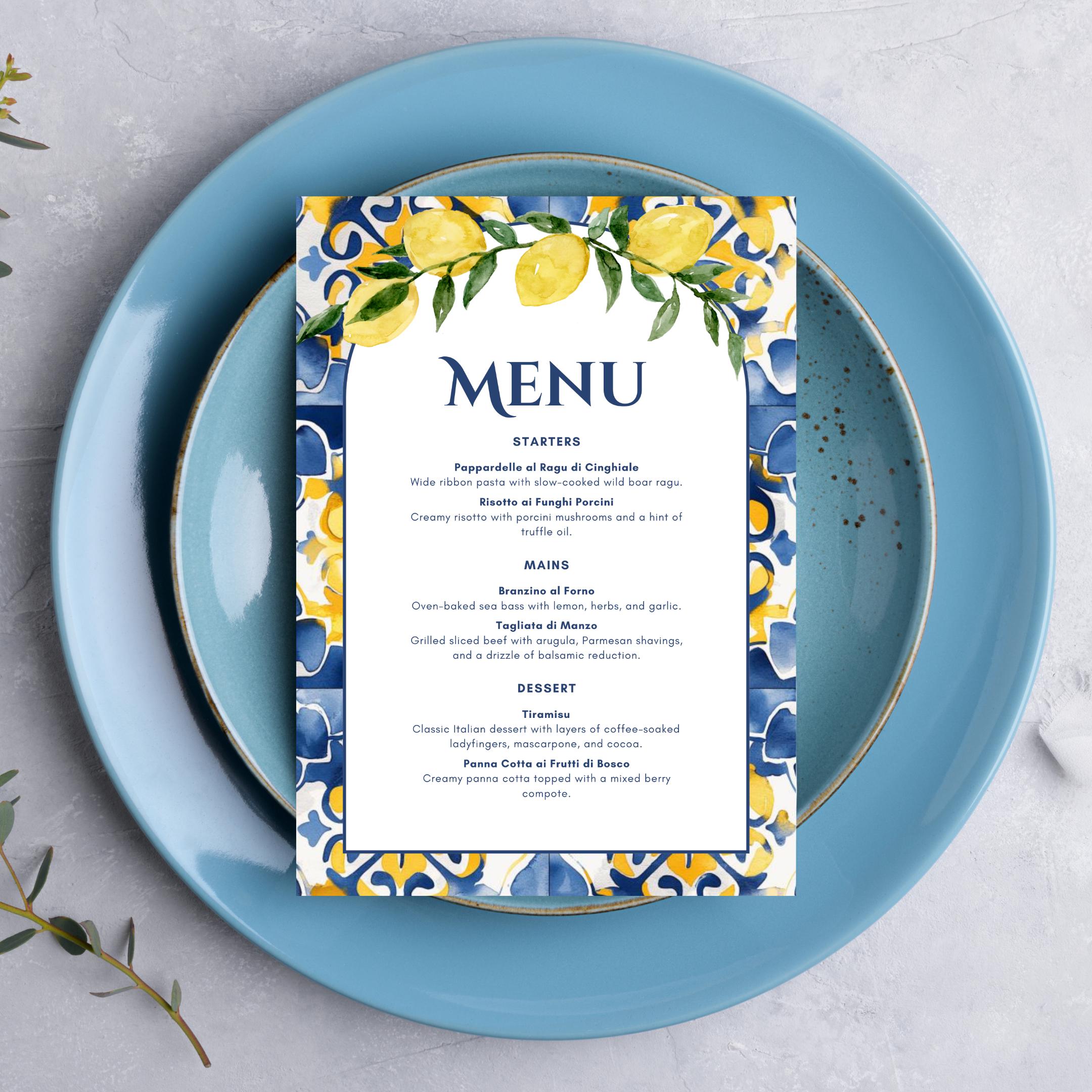 Printable Lemon Menu Template, Editable Mediterranean Wedding Menu ...