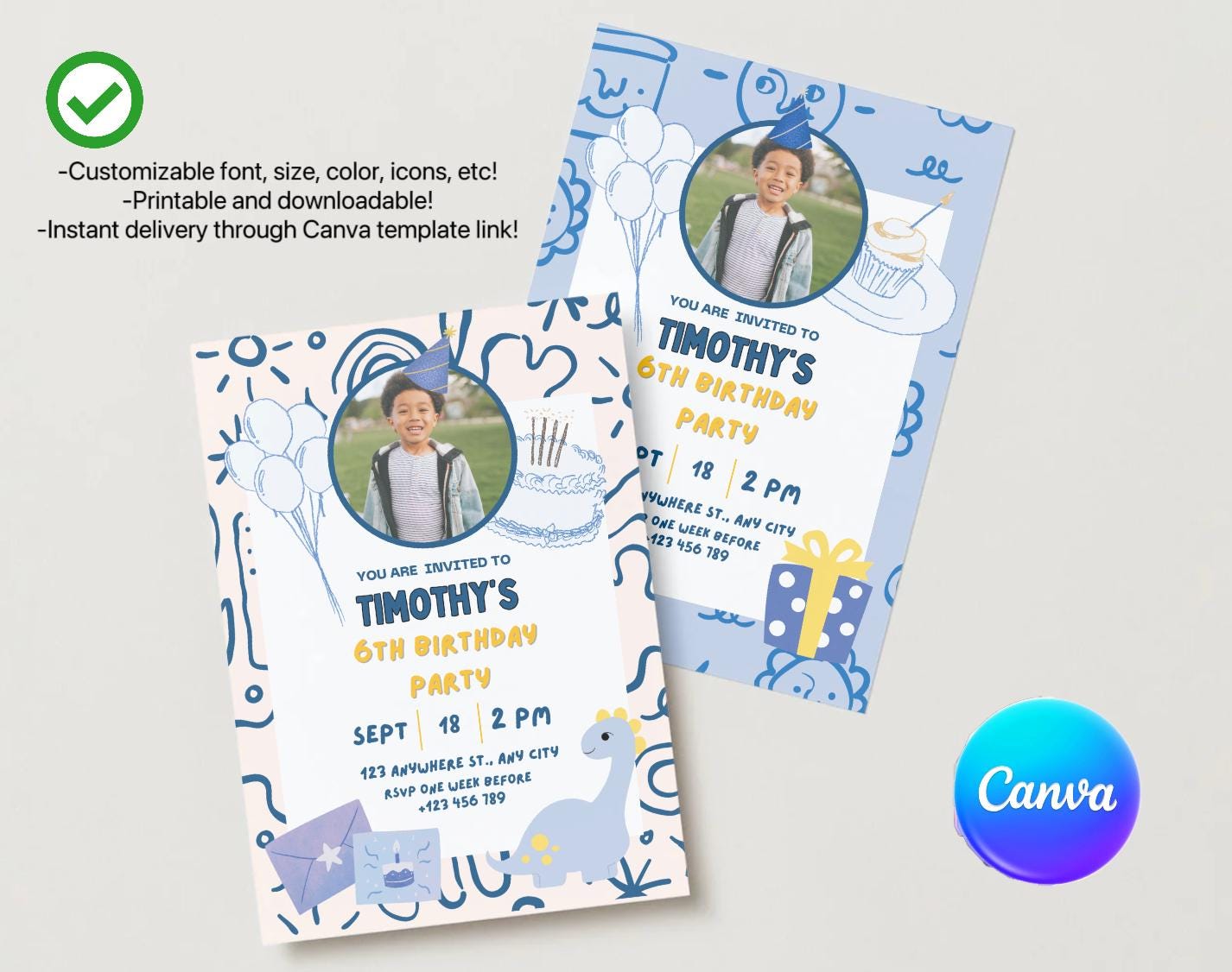 Boy Child's Birthday Invitation Color Blue Canva Template (2 Designs ...