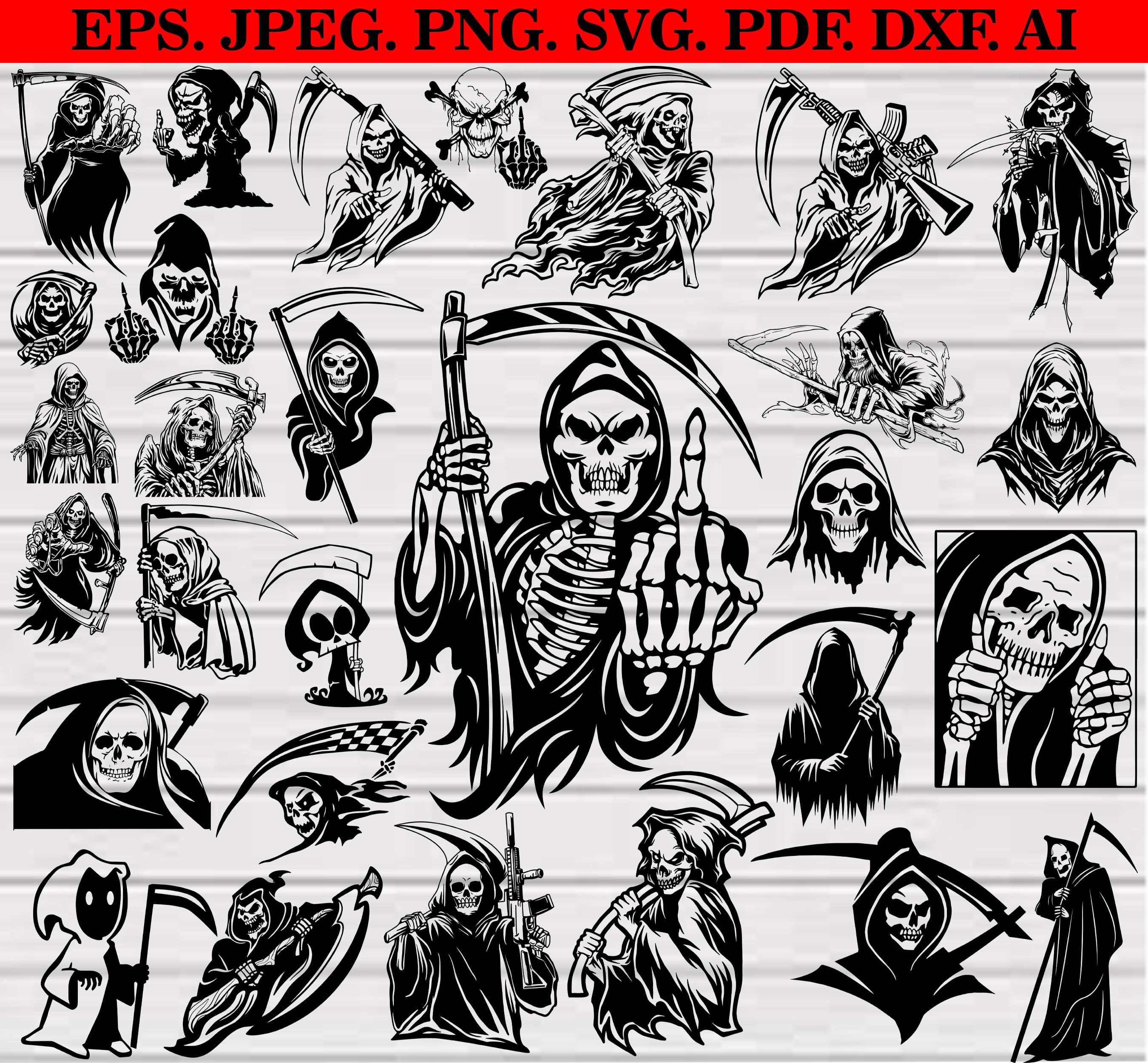 Paquete de SVG de Grim Reaper, Clipart de Grim Reaper, Silueta vectorial de calavera, Paquete de ...