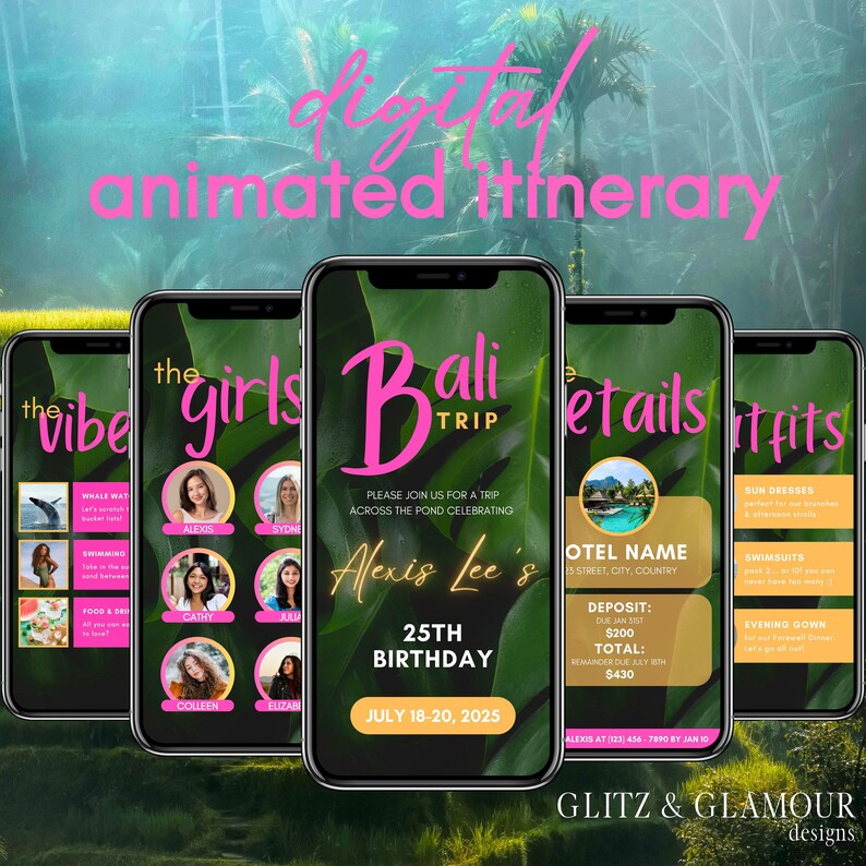 Digital Birthday Bali Trip Invitation, Pink, Itinerary, Invite, E ...