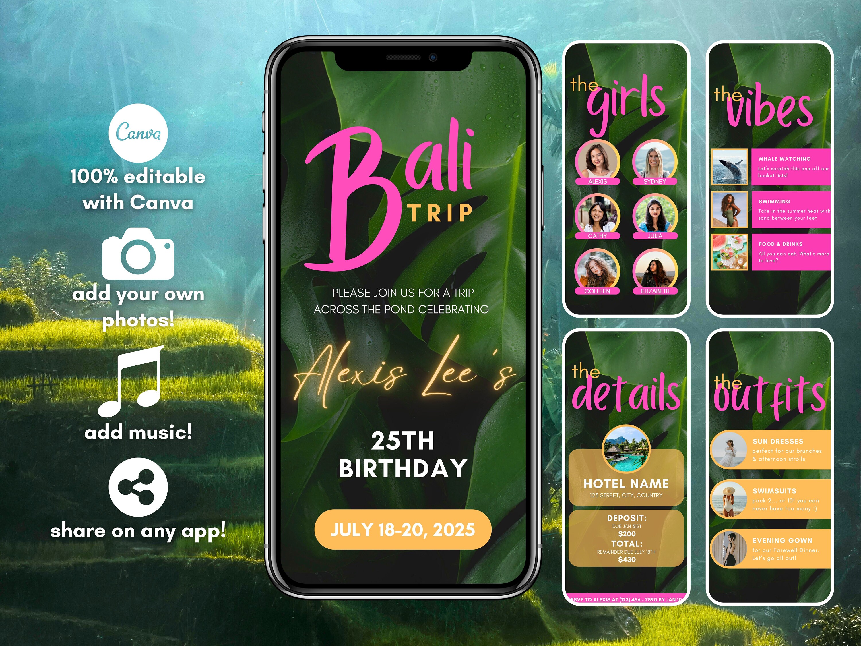 Digital Birthday Bali Trip Invitation, Pink, Itinerary, Invite, E ...