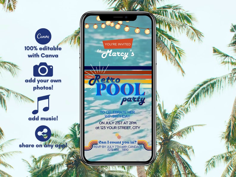 Digital Birthday Pool Party Invitation, Retro Pool Party Invite, Summer ...