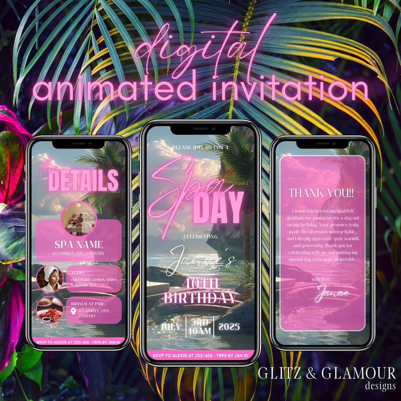 Digital Spa Day Birthday Invitation, Pink, Invite, E-invitation ...