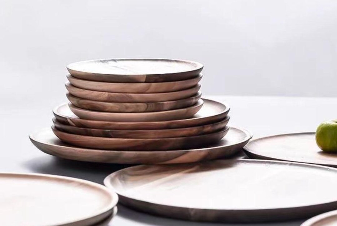 Set of Handmade Acacia Wood Round Plates Wooden Serving Set rustic Home ...