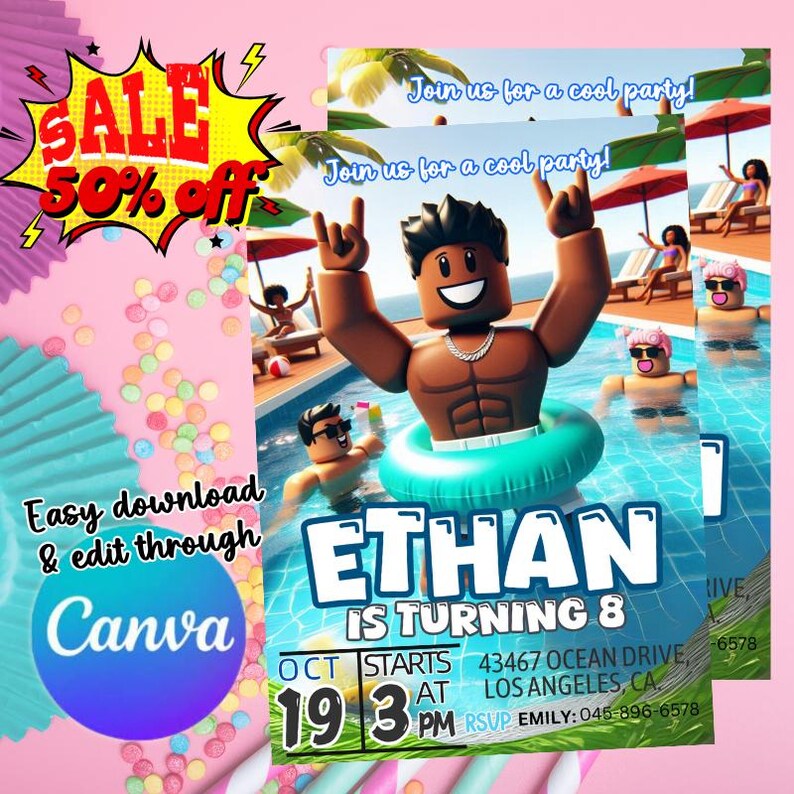 Editable Roblox Pool Party Invitation, Roblox Birthday Invite, Roblox ...