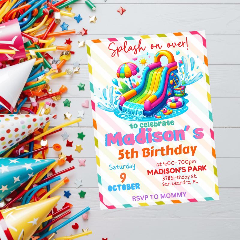 Editable Water Slide Birthday Splash Party Invitation, Waterslide Bash ...