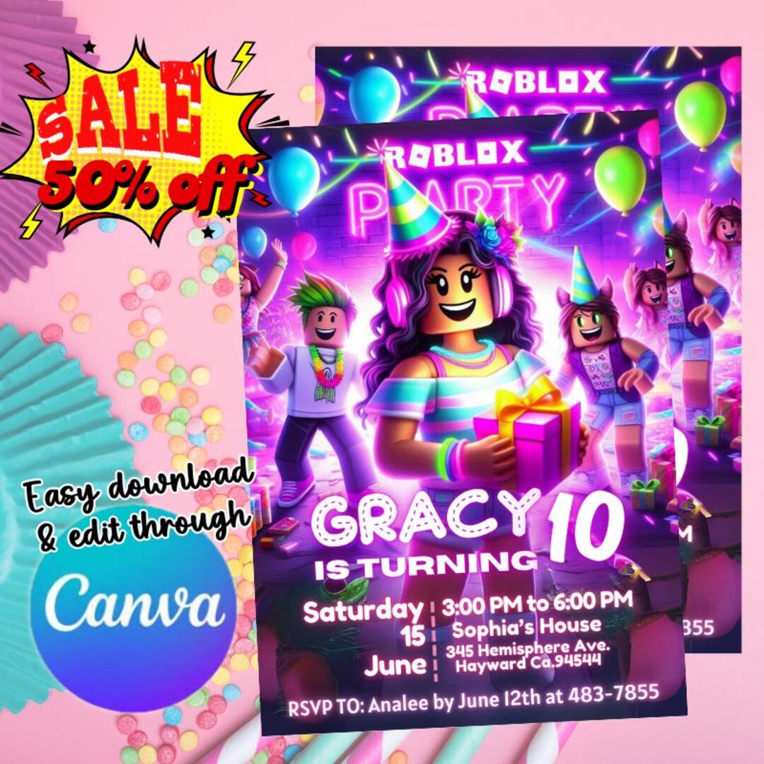 Roblox Invitation, Roblox Invite, Gamer Party Roblox Girls Birthday ...