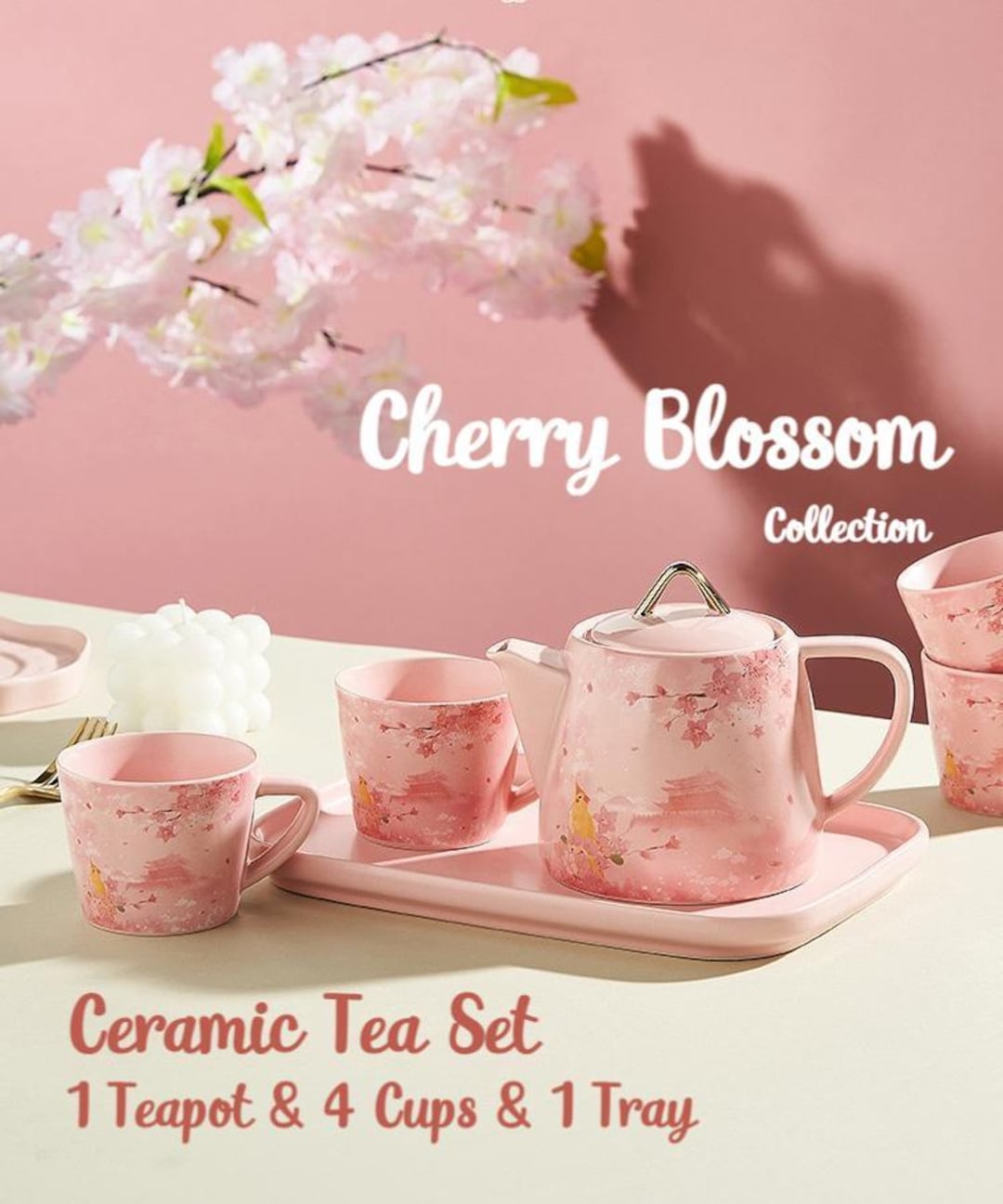 Hand-painted Cherry Blossom Ceramic Tea Set: Sakura Teapot, Cups & Tray ...