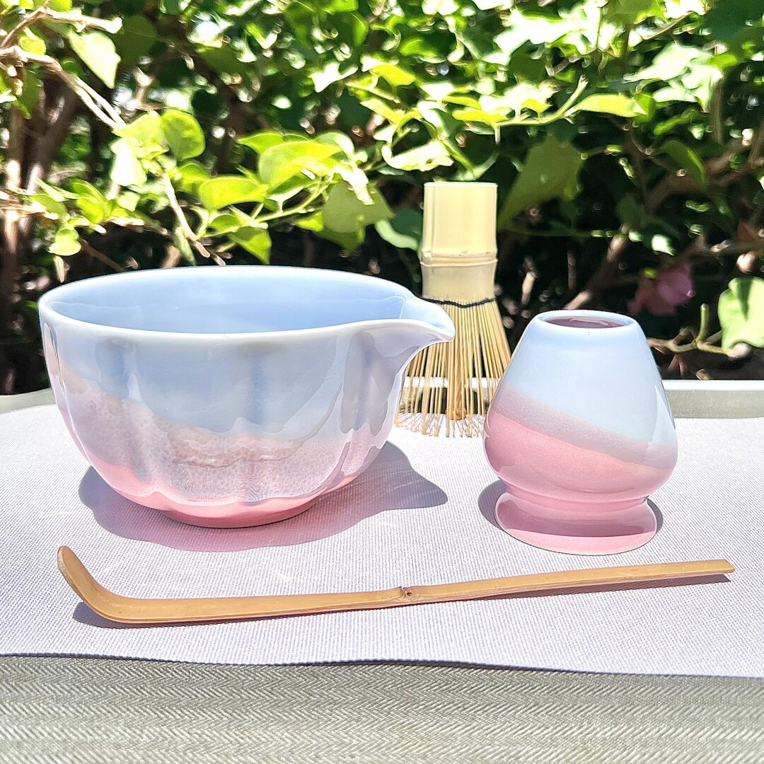 Hand-glazed Ombre Matcha Tea Set: Misty Blue & Sakura Pink Ceramic ...
