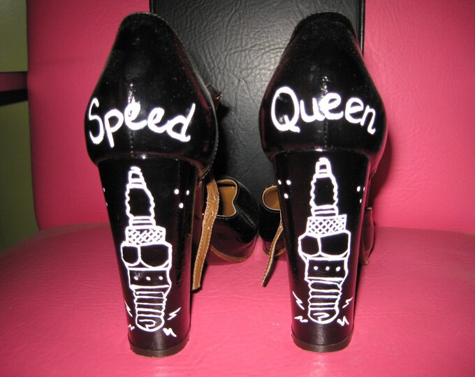 Rockabilly Pin up Black Leather Speed Queen Hot Rod Spark Plug Heels 8 ...