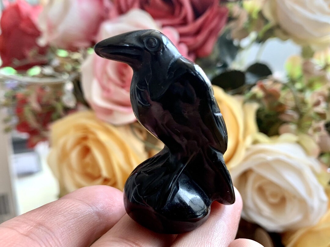 2" Natural Obsidian Ravens Crows Carving, Gemstone Birds Figurine Decor ...