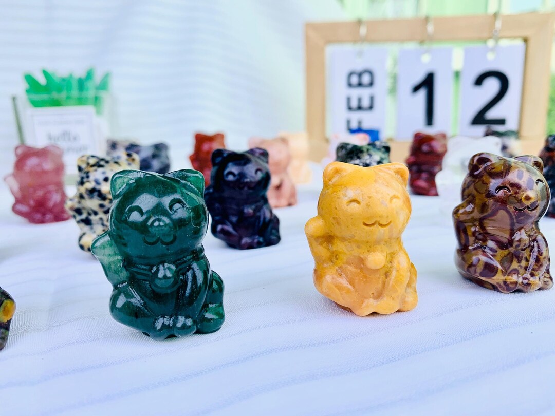 35MM Natural Crystal Lucky Cat Figurine, Hand Carved Quartz Maneki Neko ...