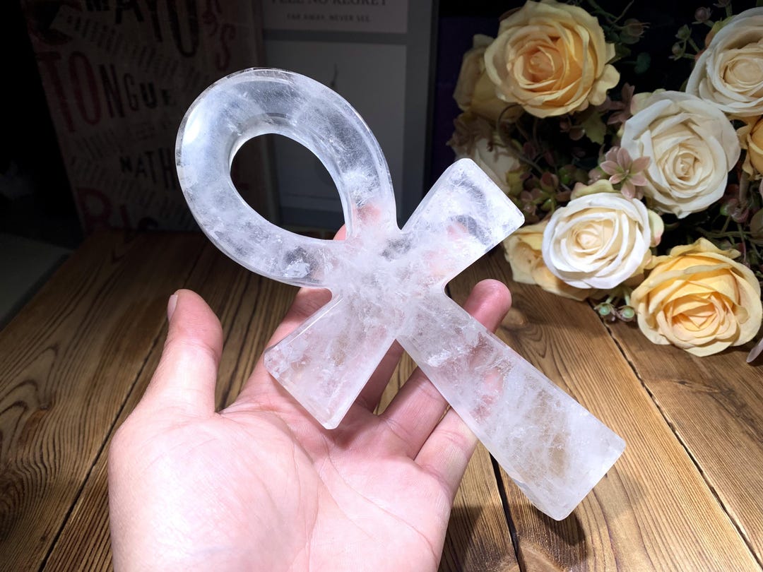 8" Large Hand-carved Crystal Ankh Statue With Rainbow, Clear Quartz ...