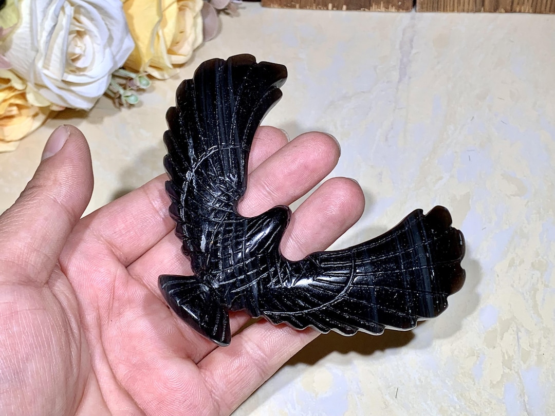 4.5" Obsidian Balanced Eagle Figurine, Natural Hand Carved Crystal Hawk ...