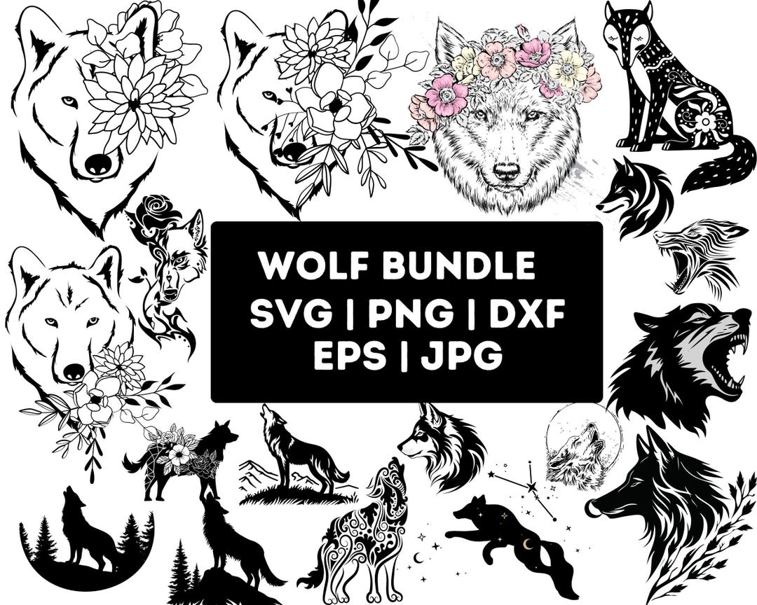 Wolf Svg Bundle, Howling Wolf Svg, Wolves Svg, Wolf Cut Vector, Wolf PNG Bundle, Tattoo Tribal ...