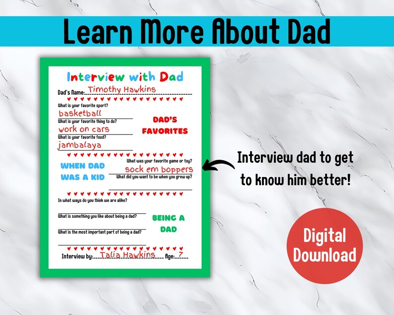 Interview With Dad Father's Day Printable Activity Instant PDF Download ...