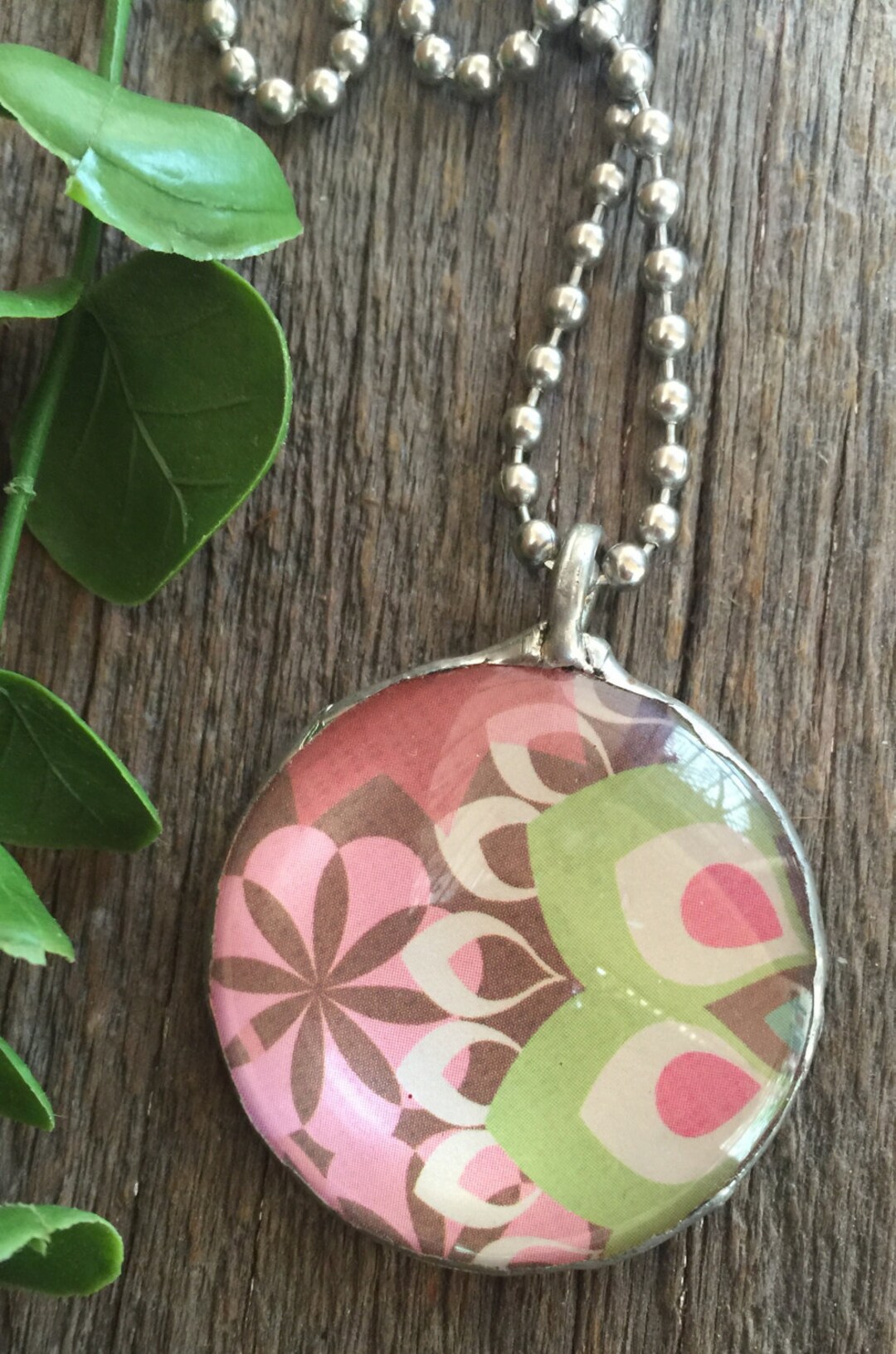 Retro Print Floral Cloth Soldered Pendant W/ball Chain, Cloth, Cloth ...