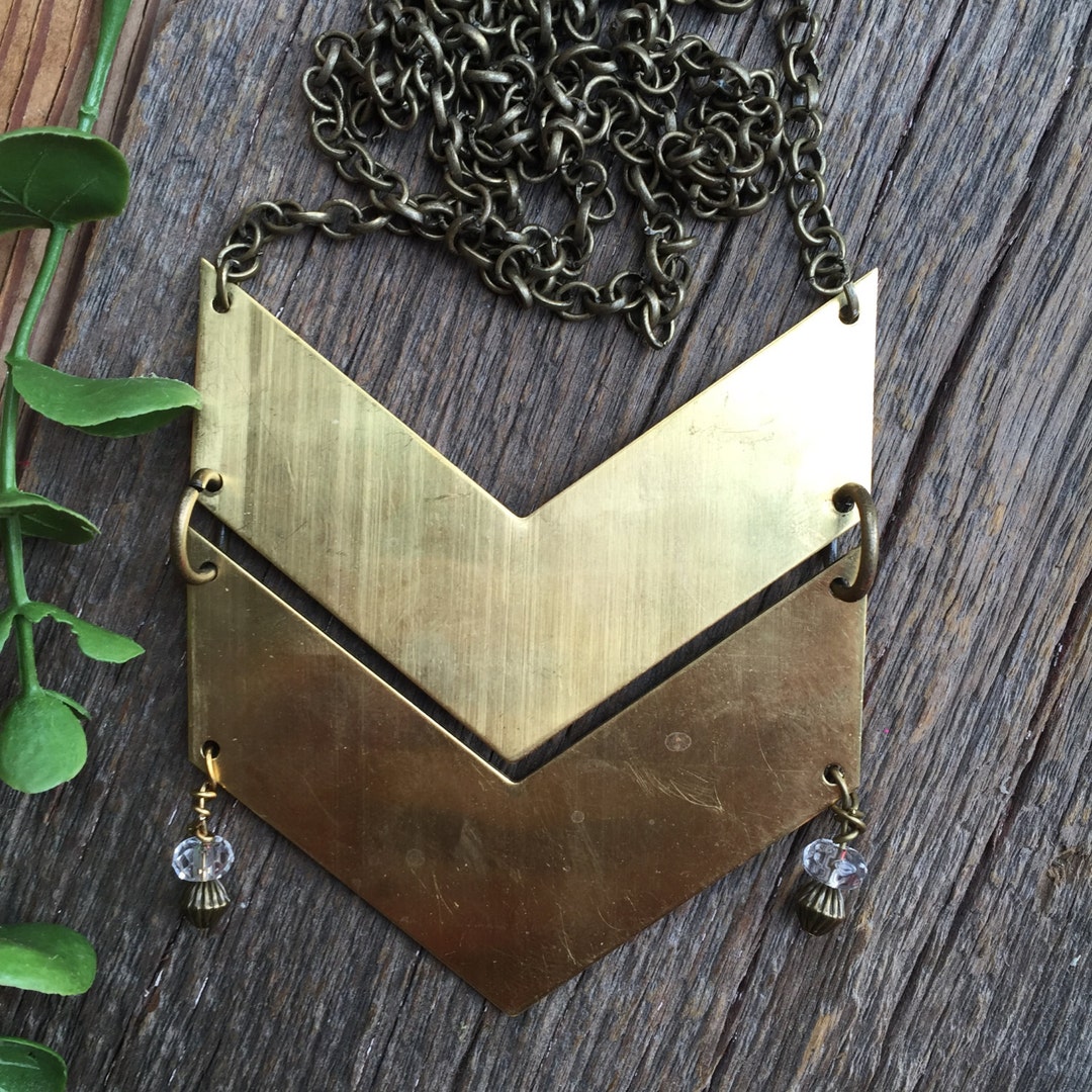Antique Brass Chevron Double Metal Pendant W/loop Chain, Chevron ...