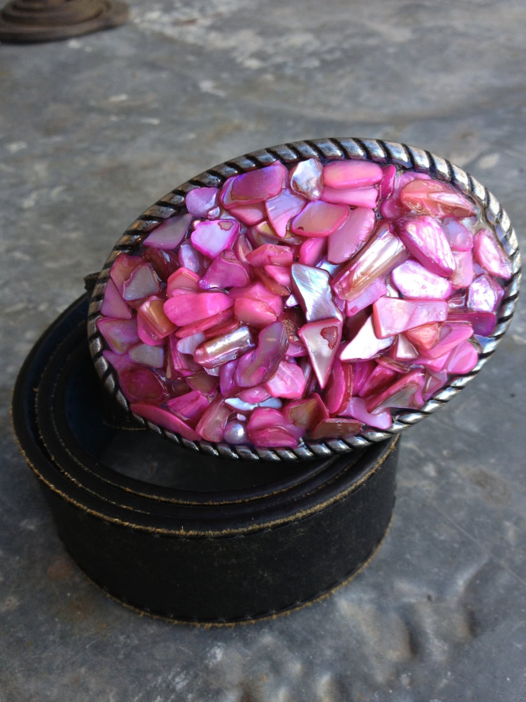 Pink Dyed Stone Belt Buckle W/distressed Genuine Leather Belt, Belt ...