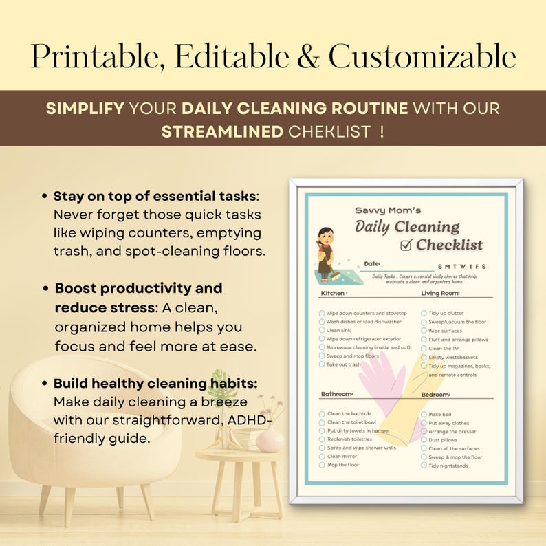 Cleaning Schedule Checklist Template Editable Chore Chart Cleaning ...