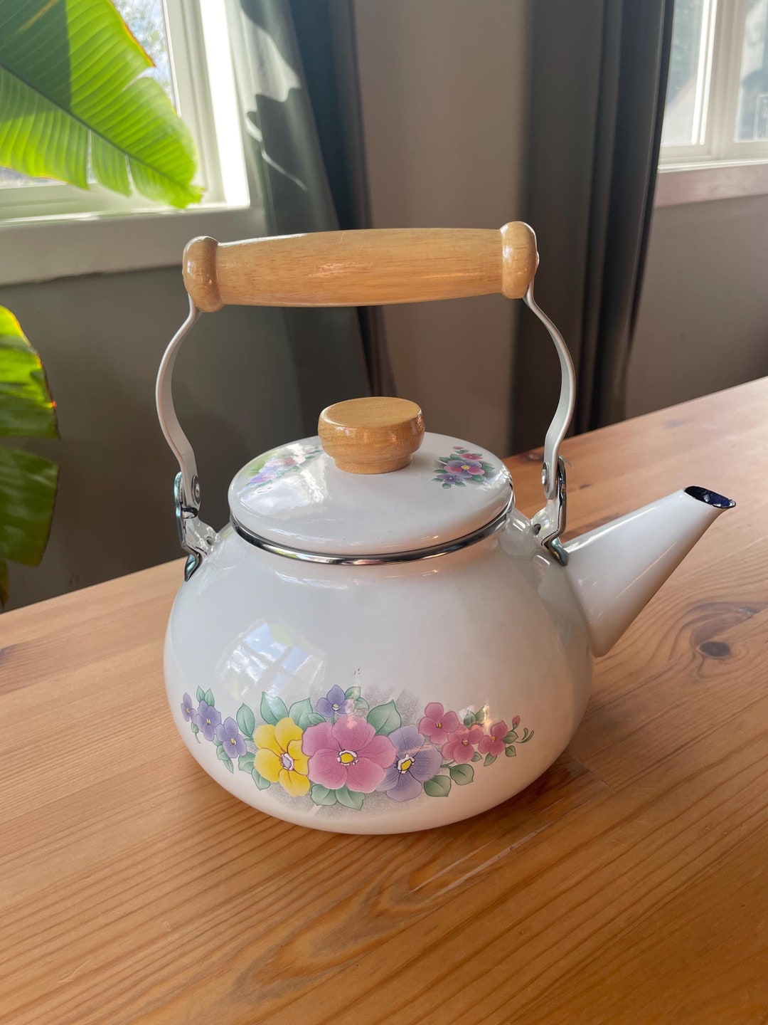 Vintage Ideal Enamelware Tea Kettle With Moveable Wooden Handle, Floral ...