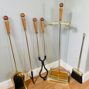 Vintage Brass Fireplace Tools Set 5 Piece Hearth Tool Set With Wooden ...